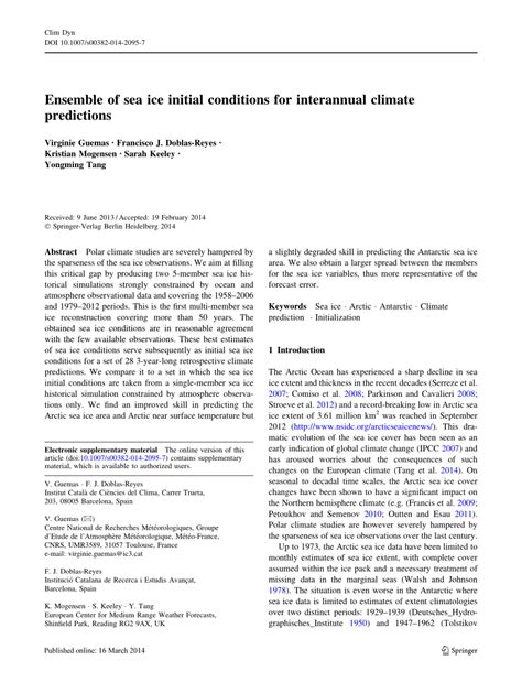 Pdf Ensemble Of Sea Ice Initial Conditions For Interannual Climate Predictions