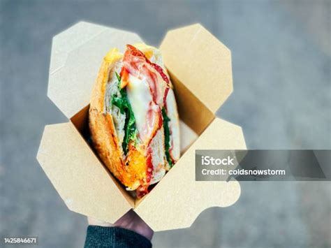 구운 베이컨과 치즈 샌드위치를 재활용 가능한 골판지 용기에 담은 남자 개인적 시점에 대한 스톡 사진 및 기타 이미지 개인적 시점 건강한 식생활 구운 샌드위치 Istock
