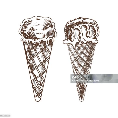 냉동 요구르트 또는 소프트 아이스크림을 곁들인 와플 콘의 손으로 그린 스케치 빈티지 그림입니다 라벨 포장 및 엽서 디자인을위한 요소 개체 그룹에 대한 스톡 벡터 아트 및