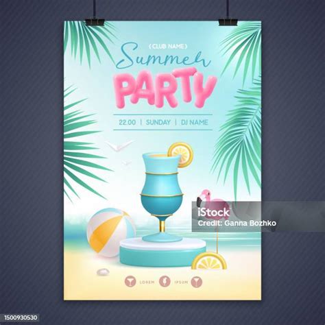 3d 무대와 칵테일 블루 라군이 있는 여름 디스코 파티 포스터 화려한 여름 해변 장면입니다 벡터 그림 여름에 대한 스톡 벡터 아트 및 기타 이미지 Istock
