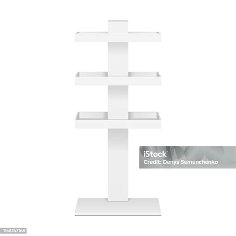 소매 선반 지 면 디스플레이 랙 슈퍼마켓 빈 배너 모의를 가진 빈 고립 된 흰색 배경에 3d 디자인을 위한 준비 제품 광고 벡터 Eps10 3차원 형태에 대한 스톡 벡터