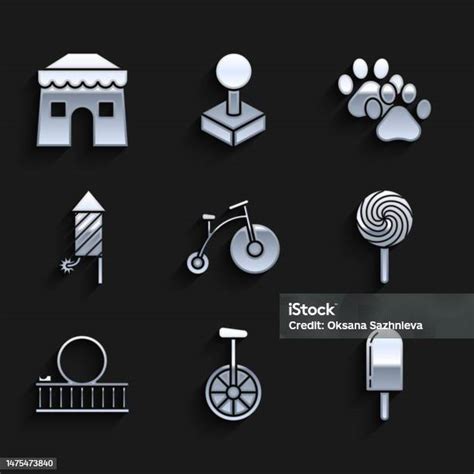 하나의 큰 바퀴와 하나의 작은 빈티지 자전거 외발 자전거 또는 아이스크림 롤리팝 롤러 코스터 불꽃 놀이 로켓 발 인쇄 및 서커스 텐트 아이콘을 설정합니다 벡터 1에 대한