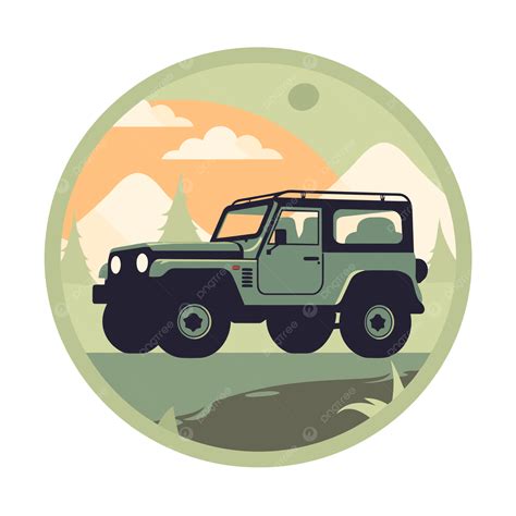 산이 있는 녹색 배경에 지프의 실루엣 벡터 흰색 배경에 지프 사파리의 단순한 다채로운 아이콘 그림자 없음 작은 프레임 중앙 Png 일러스트 및 벡터 에 대한 무료