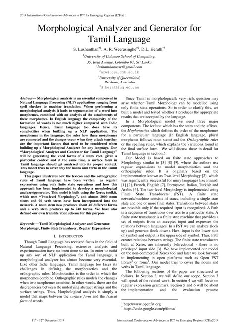 Pdf Morphological Analyzer And Generator For Tamil Language