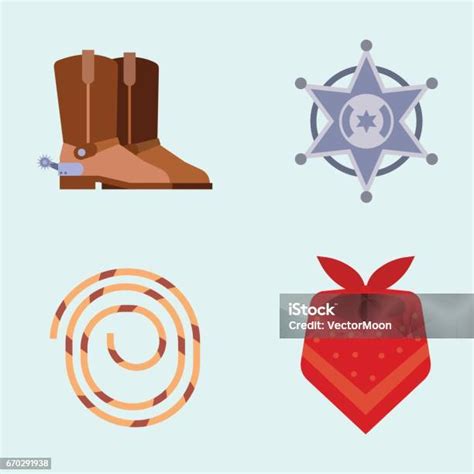 와일드 웨스트 요소 설정 아이콘 카우보이 로데오 장비 및 다른 액세서리 벡터 일러스트 레이 션 카우보이 부츠에 대한 스톡 벡터
