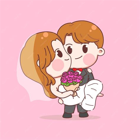 Premium Vector Cute Wedding Couple Cartoon Vector Illustration