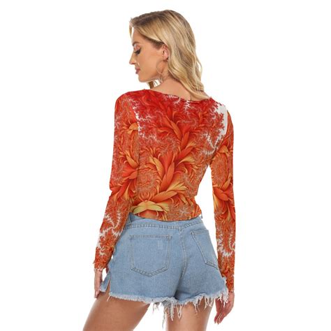 Red Floral Romantic Mesh Crop Top Long Sleeves Up To 6xl Etsy