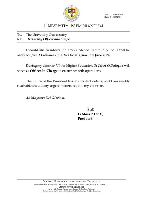 Xavier University Memo U2324 084 University Officer In Charge