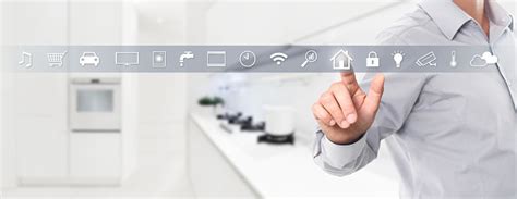 스마트 홈 오토 메이 션 제어 손 터치 스크린 부엌 배경 웹 배너 및 복사 공간 서식 파일에 흰색 기호 가리키기에 대한 스톡 사진 및 기타 이미지 Istock