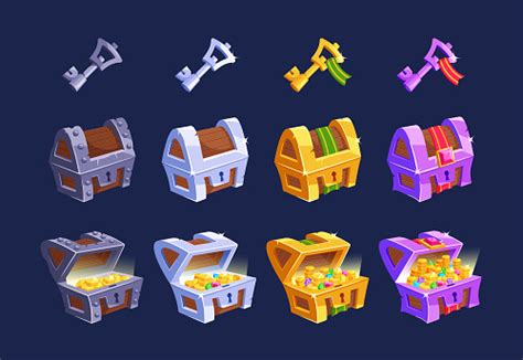 상자와 열쇠 세트가 있는 게임 자산 금과 보석 Ui를 가진 철 은 황금 또는 백금 간선 보석함에 대한 스톡 벡터 아트 및 기타 이미지 Istock