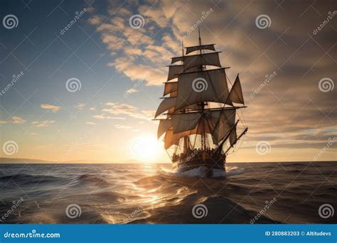 Majestic Clipper Ship Sailing On Calm Sea With Billowing Sails And Sun