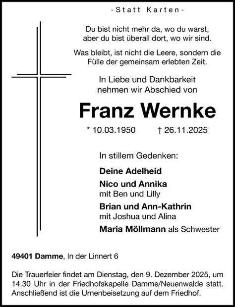 Traueranzeigen Von Franz Wernke Om Trauer De