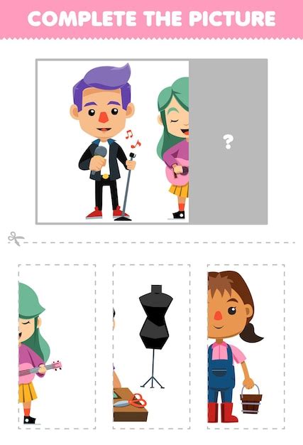어린이를 위한 교육 게임은 귀여운 만화 음악가의 인쇄 가능한 직업 워크시트의 올바른 그림을 자르고 완성합니다 프리미엄 벡터