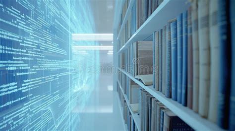 Digital Code Flowing Through A Futuristic Library Setting Stock Image