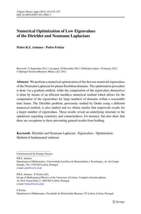 Pdf Numerical Optimization Of Low Eigenvalues Of The Dirichlet And Neumann Laplacians