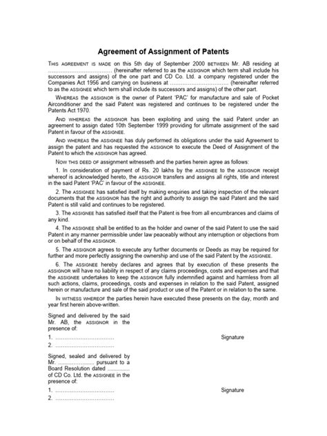 2 Agreement Of Assignment Of Patents Pdf Assignment Law Patent