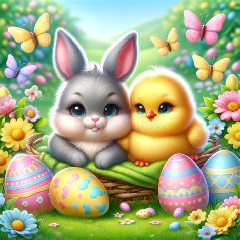 Adorable Cute Furry Bunnies Chicks Butterflies Easter Eggs Pastel