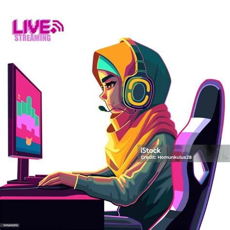 헤드셋을 쓴 소녀 게이머 또는 스트리머가 컴퓨터 앞에 앉아 있습니다 Championship에 대한 스톡 벡터 아트 및 기타