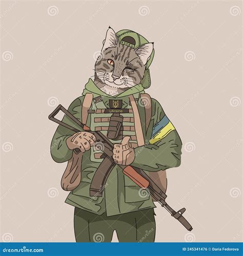 Gato Soldado Ucraniano Con Armadura Corporal Y Arma Ilustración Del