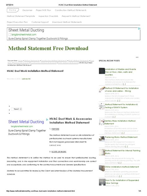 Hvac Duct Work Installation Method Statement Pdf Pdf
