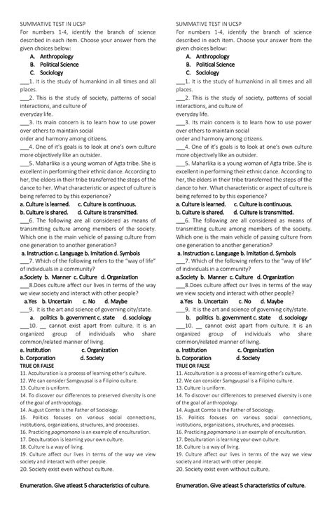Summative TEST IN UCSP 1st SUMMATIVE TEST IN UCSP For Numbers 1 4