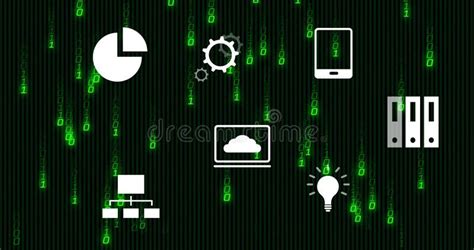 Technology Icons Including Pie Chart And Light Bulb Over Binary Code