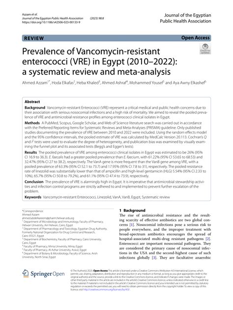 Pdf Prevalence Of Vancomycin Resistant Enterococci Vre In Egypt 2010 2022 A Systematic