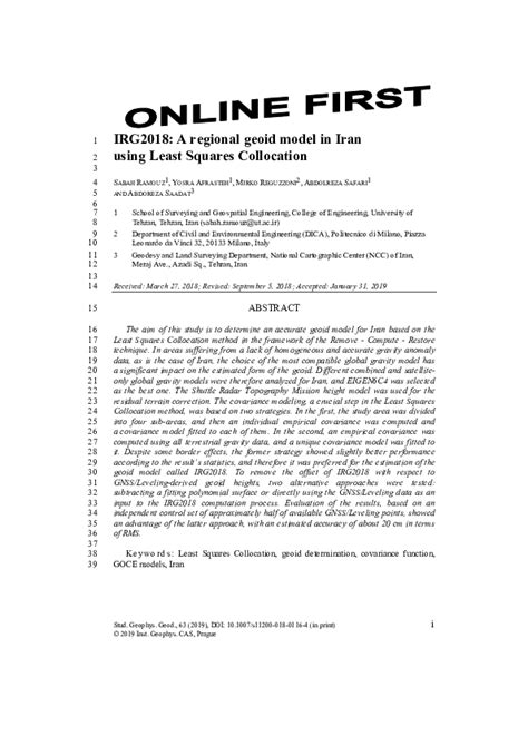 Pdf Irg2018 A Regional Geoid Model In Iran Using Least Squares