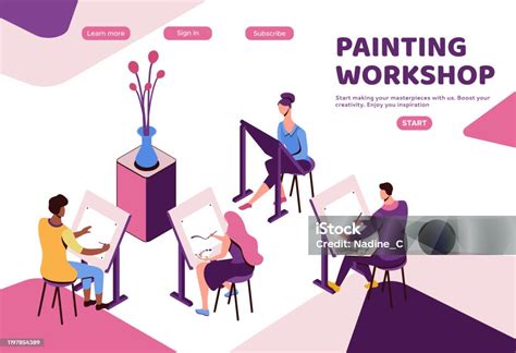 회화 워크숍 벡터 일러스트 학생들은 이젤에 정물화 취미 수업 방문 페이지 창조적 인 과정 배너 아이소 메트릭 웹 사이트 템플릿 벡터에 대한 스톡 벡터 아트 및 기타 이미지