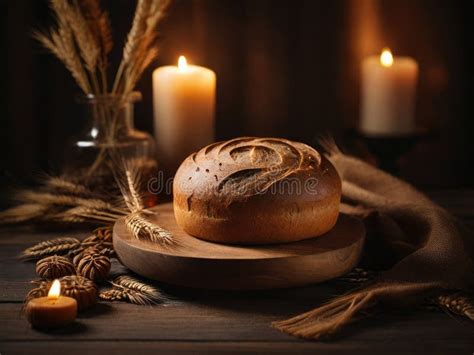 Rye Round Bread Plate Corn Candles Dark Stock Image Image Of Light