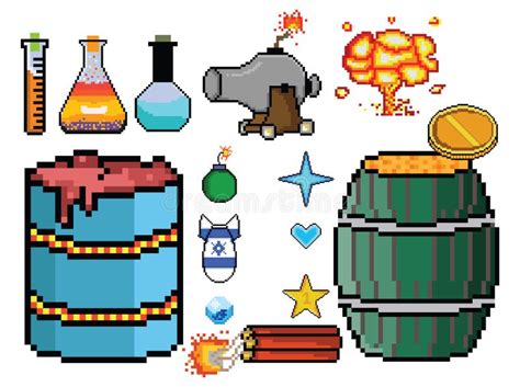 Bit Pixel Art Game Icon Set Ui Elements Pixel Set Game World And Pixel Scene Stock Vector