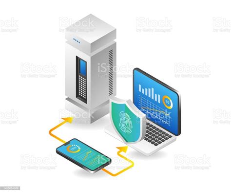 서버 데이터 보안 분석의 평면 아이소메트릭 3d 개념 그림 개념에 대한 스톡 벡터 아트 및 기타 이미지 개념 개념과 주제