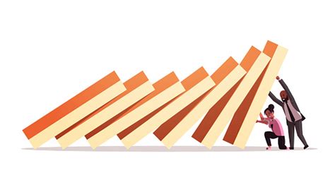 도미노 효과 위기 관리 연쇄 반응 금융 개입 갈등 방지 개념 수평 전체 길이를 중지 사업가 커플 도미노 효과에 대한 스톡 벡터