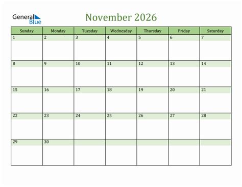 Fillable November 2026 Calendar