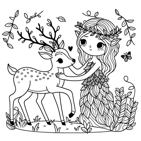 The Dryad Protects The Young Deer Free Coloring Page