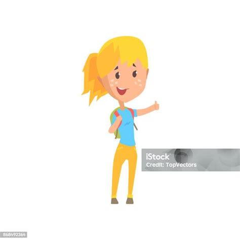 소녀가 커 맨 손으로 고속도로에서 자동차를 중지 하려고 Autostop 만화 벡터 일러스트 레이 션에 의해 여행 배낭 여행 관광에 대한 스톡 벡터 아트 및 기타 이미지