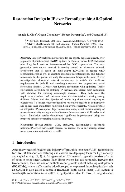 Pdf Restoration Design In Ip Over Reconfigurable All Optical Networks