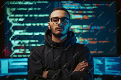 Young Arabian Programmer Against Coding Background Portrait Of Serious