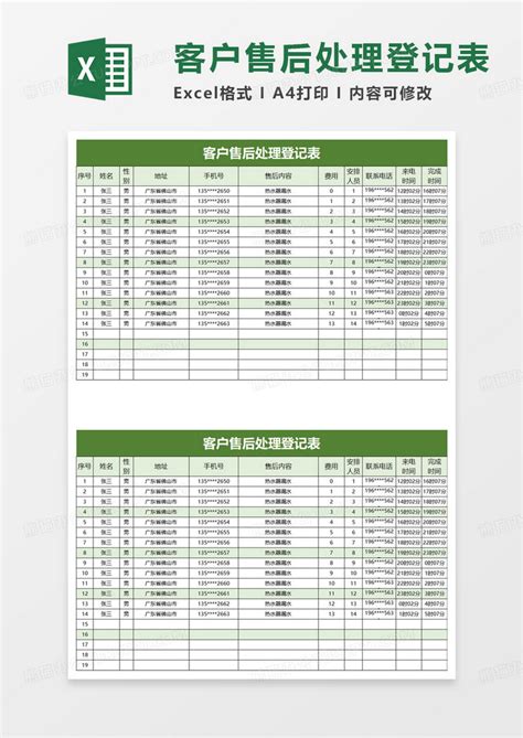 客户售后处理登记表excel模板下载熊猫办公