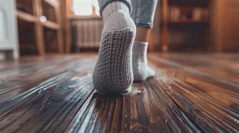 Woman39s Foot In A Sock Making A Step On A Wooden Floor Closeup Detail