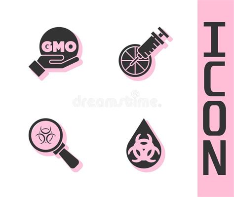 Set Gmo Biohazard And Magnifying Glass And Genetically Modified