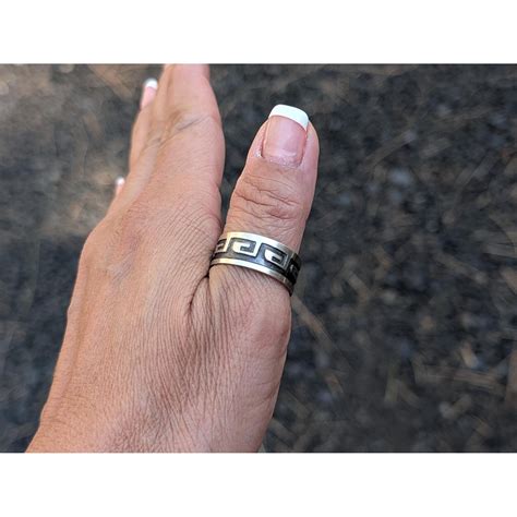 Navajo Sterling Silver Greek Key Band Ring Mens Overlay Maze Design