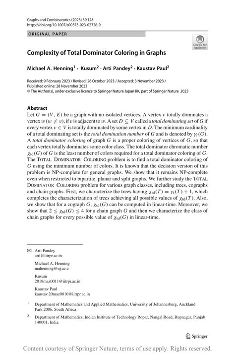 Complexity Of Total Dominator Coloring In Graphs Request Pdf