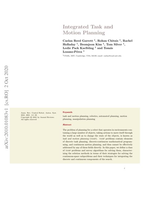 Pdf Integrated Task And Motion Planning