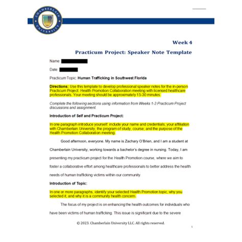 Nr 436 Week 4 Assignment Practicum Project Health Promotion Planning Speaker Note Template