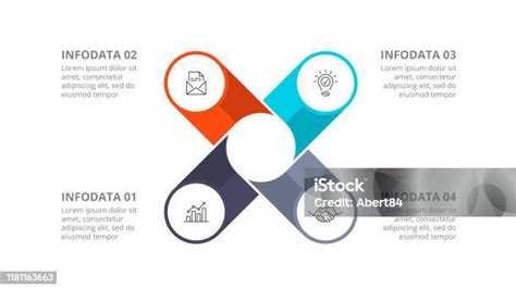 원이 있는 순환 다이어그램 인포그래픽 4 가지 옵션 단계 또는 부품이있는 현대적인 인포 그래픽 디자인 템플릿 비즈니스 프레젠테이션을 위한 플랫 벡터 일러스트레이션 0명에