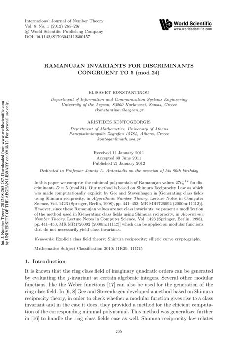 Pdf Ramanujan Invariants For Discriminants Congruent To 5pmod24