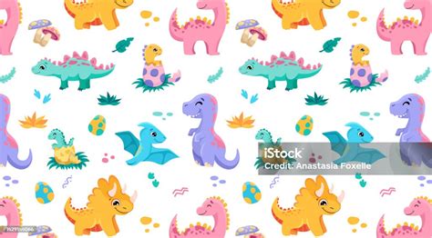 디노스 포효 표지판 발자국 나뭇잎 달걀 옷 셔츠 직물을위한 아기 디노스가있는 귀여운 공룡 배경을 손으로 그렸습니다 키즈 바이올렛 디노 벡터 일러스트 레이 션 0명에 대한