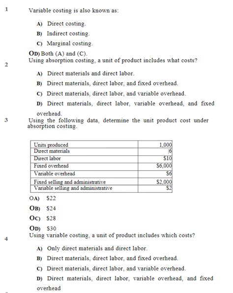 Solved 1 Variable Costing Is Also Known As A Direct