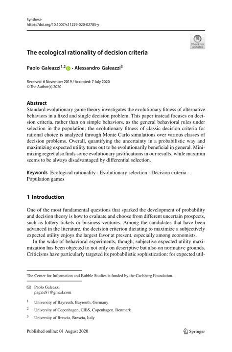 Pdf The Ecological Rationality Of Decision Criteria